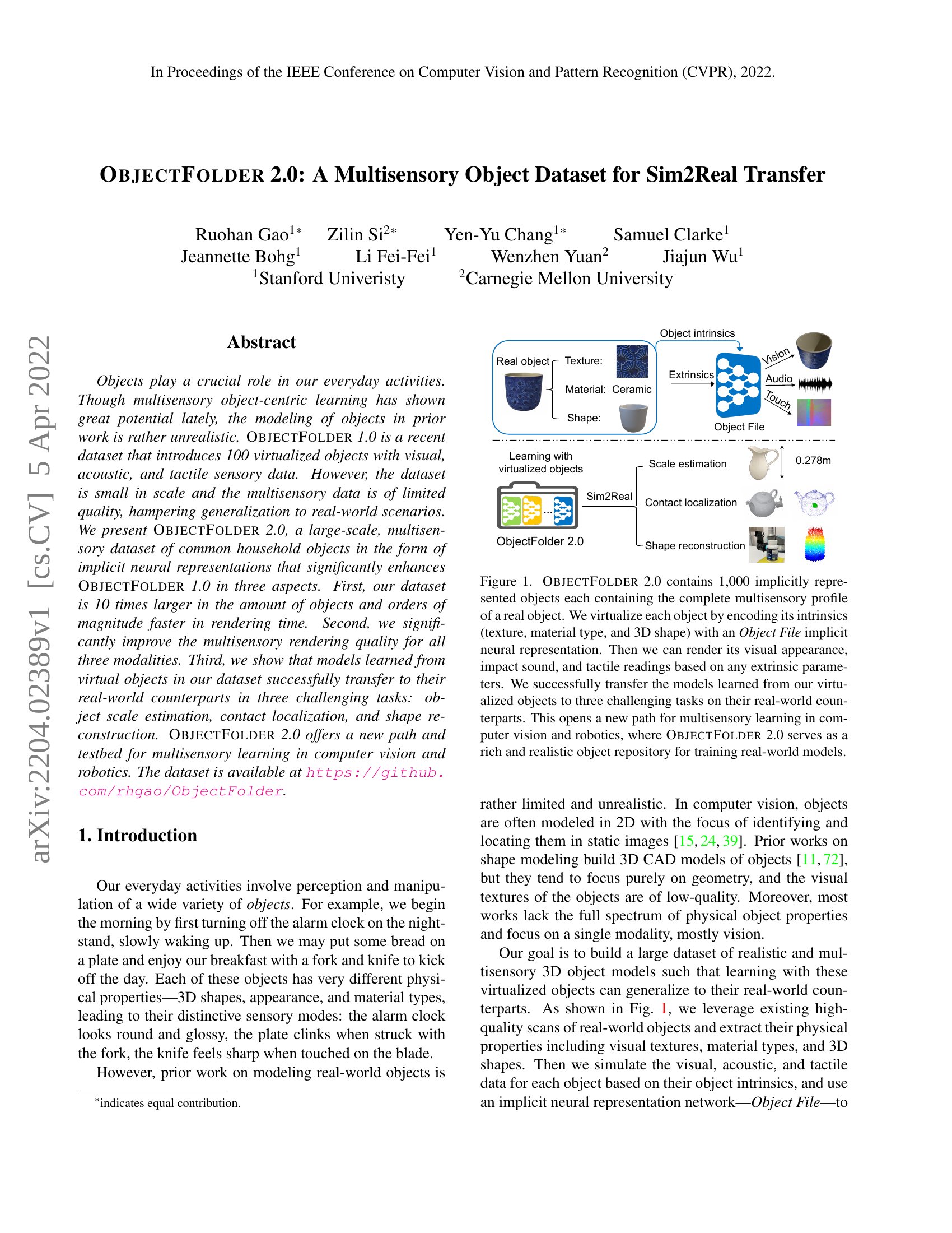 Ruohan Gao on Twitter: "Excited to share our #CVPR2022 paper ObjectFolder 2.0, a multisensory ...