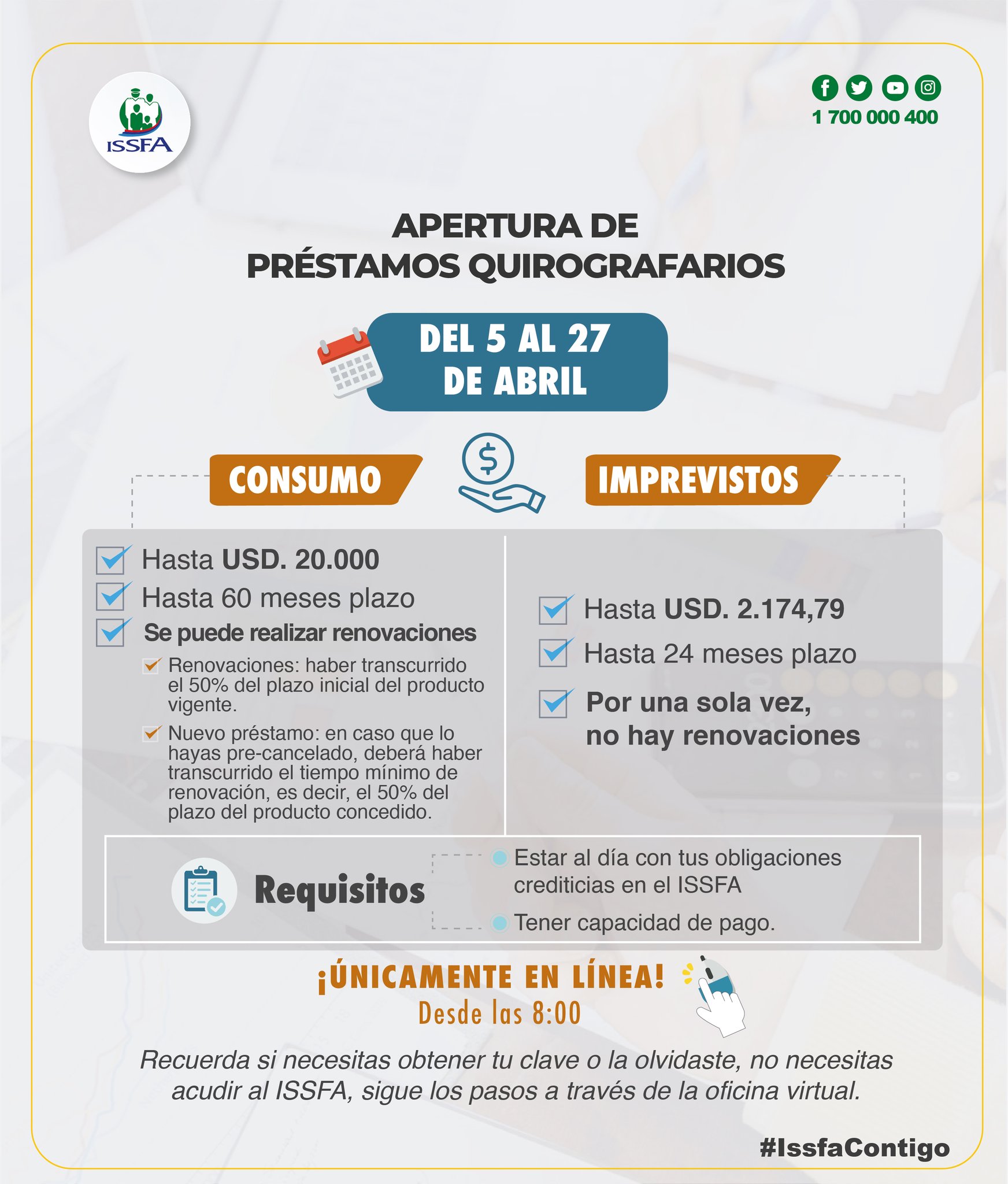 ISSFA on Twitter: "📍Apertura de préstamos quirografarios: del 5 al 27 de abril Consumo ...