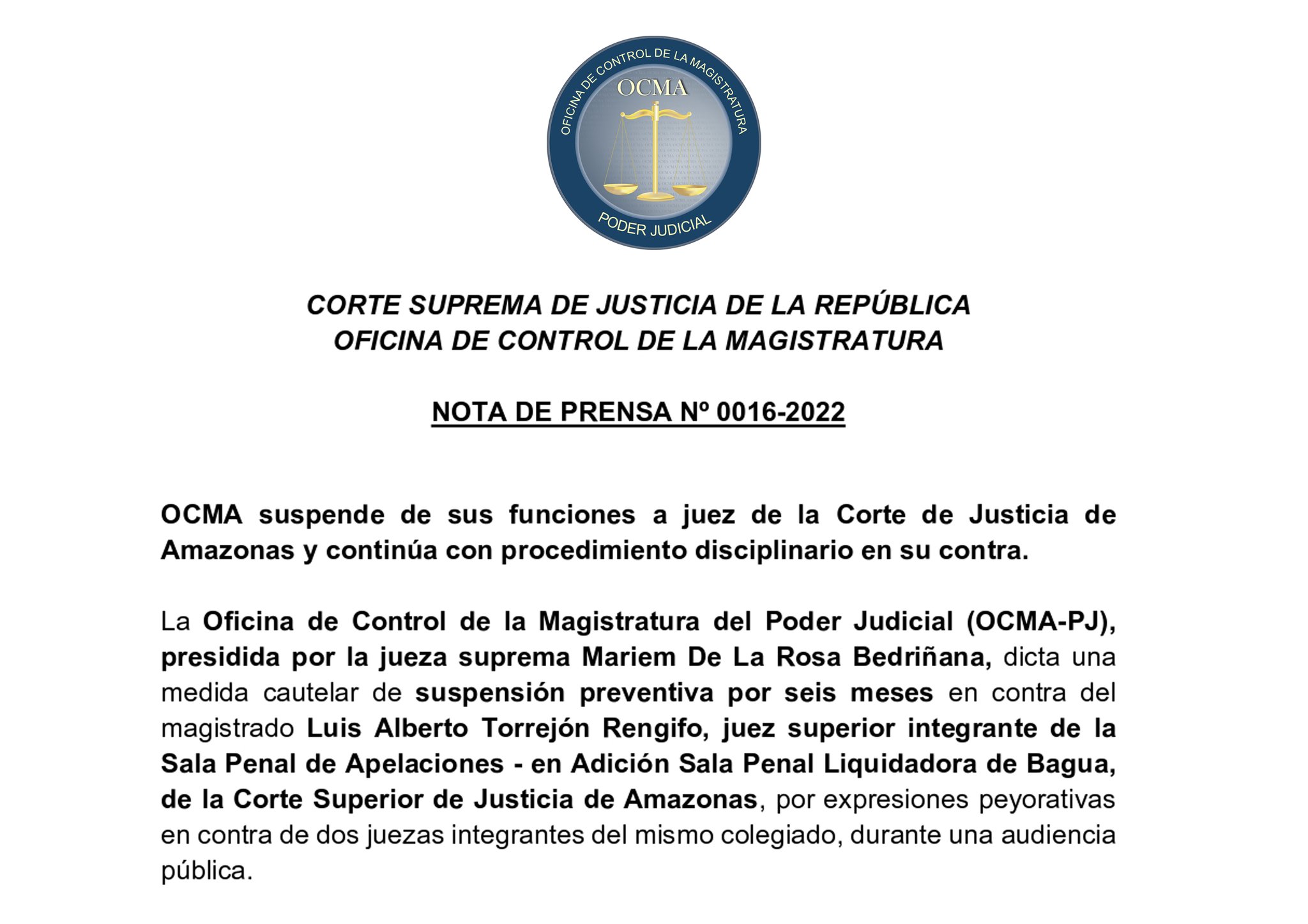 OCMA PODER JUDICIAL on Twitter: "👩‍⚖️⚖🇵🇪 #OCMA dicta suspensión preventiva por 6 meses en contra ...