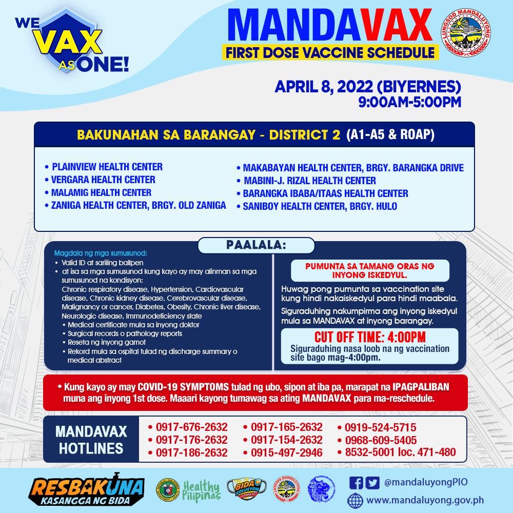 MandaluyongPIO on Twitter: "MANDAVAX VACCINATION SCHEDULE FIRST DOSE ABRIL 8, 2022 (BIYERNES) 9: ...