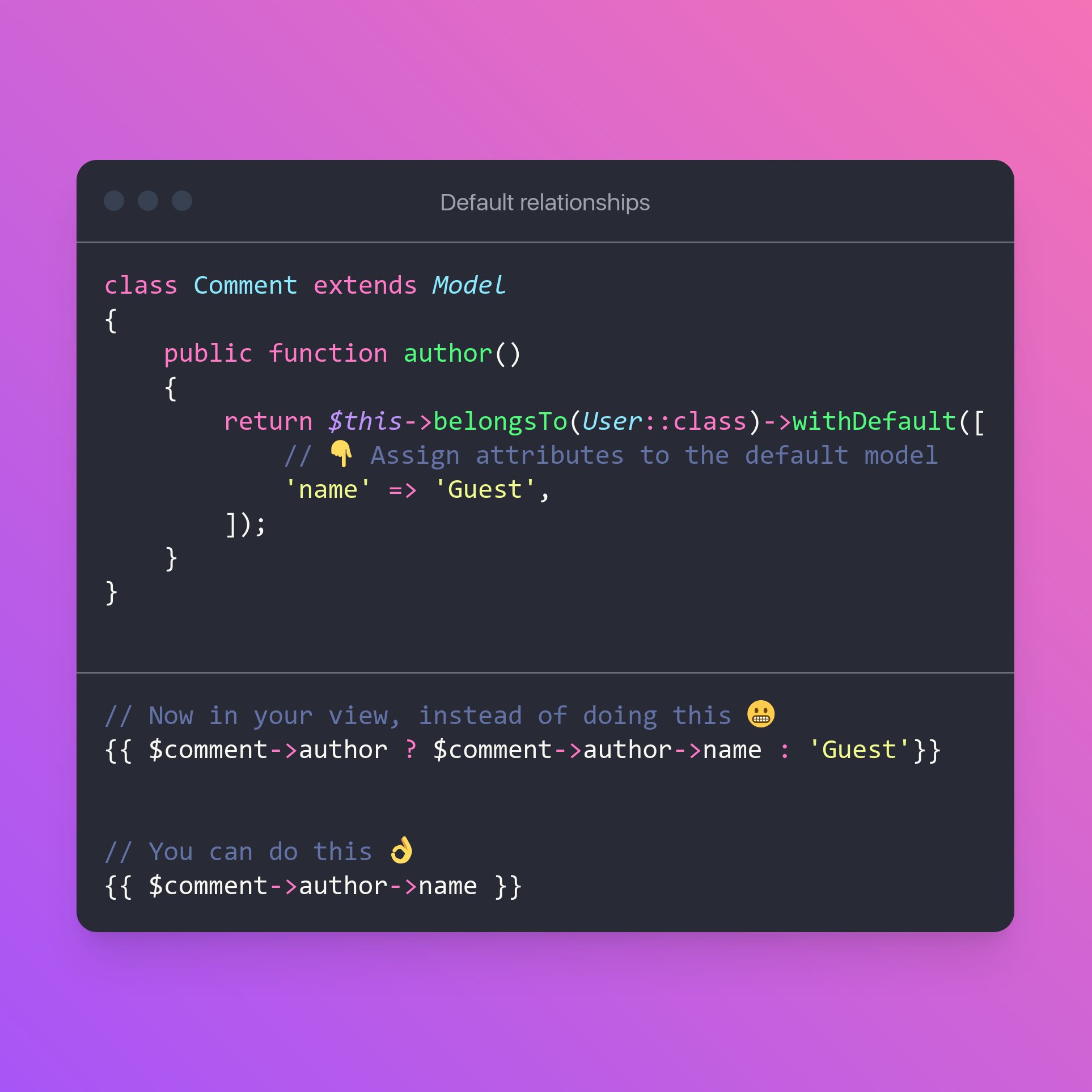 You Can Define Default Model Data For Belongsto Relationships Laravel Code Tips