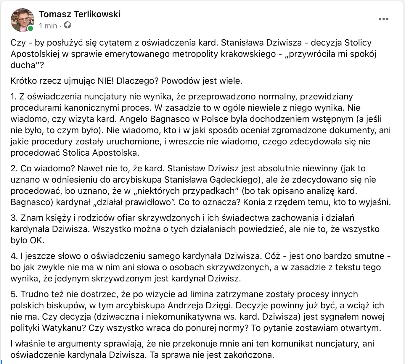 Tomasz Terlikowski on Twitter: "Czy - by posłużyć się cytatem z oświadczenia kard. Stanisława ...