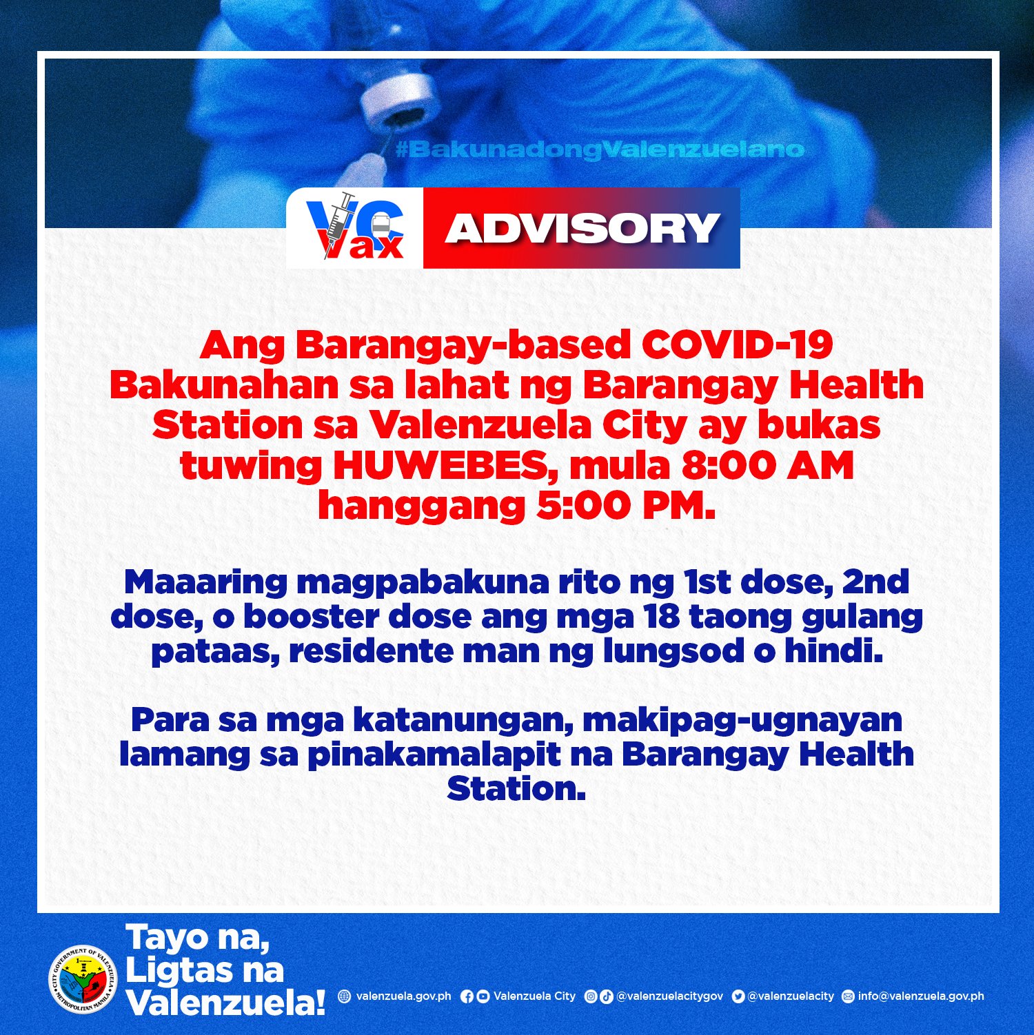 valenzuelacity on Twitter: "#VCVax ADVISORY: Tuwing HUWEBES na lamang ang Barangay-based COVID ...