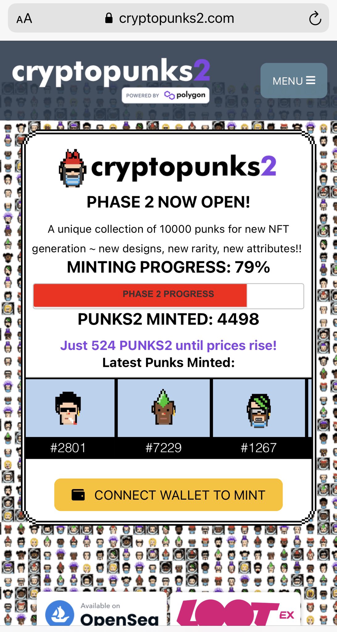 Crypto Punks 2~ punks collection for Polygon 💜 on Twitter: "🚨PHASE 2 NOW 79% SOLD OUT!🚨 - Mint ...