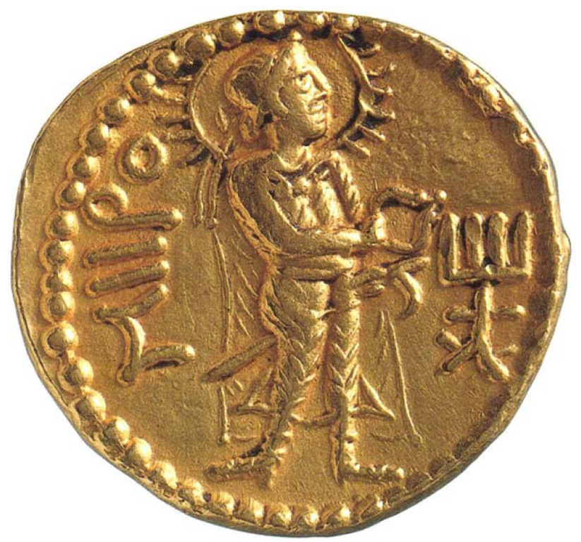 A kuShANa coin showing mithra with a mace: the mace was called a gadha ...