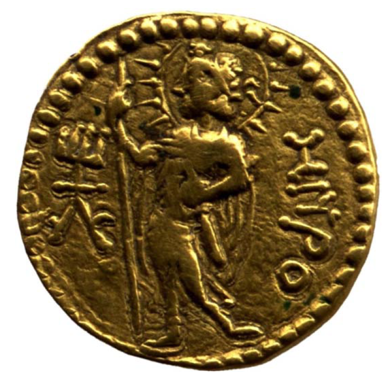 A kuShANa coin showing mithra with a mace: the mace was called a gadha ...