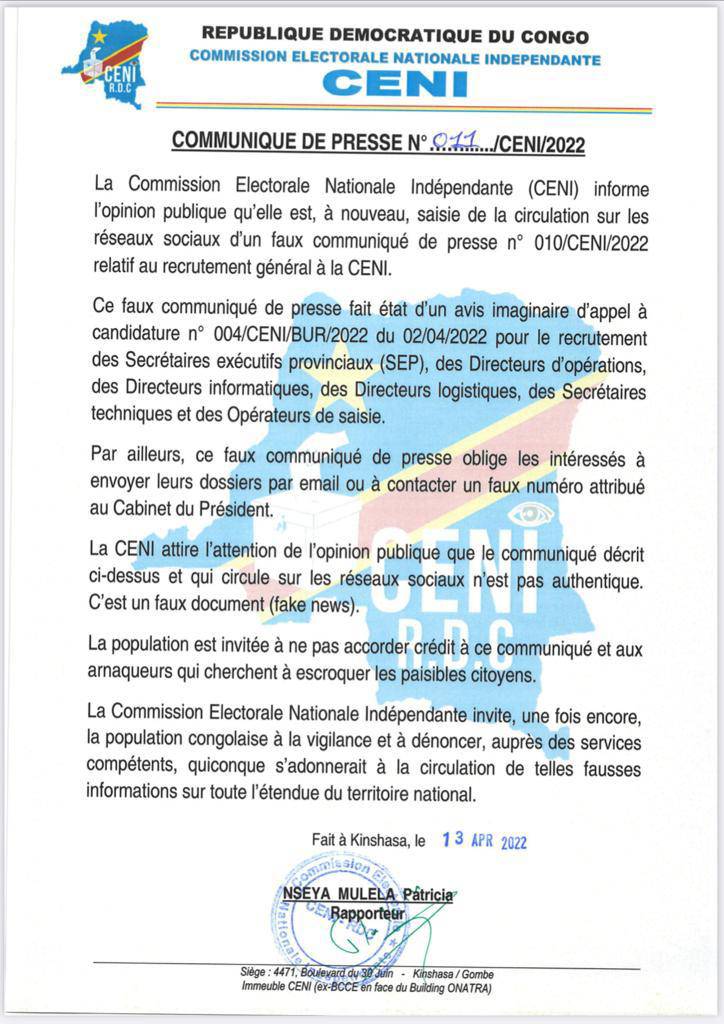 Ceni-RDC on Twitter: "COMMUNIQUE DE PRESSE | N° 011/CENI/2022, relatif au démenti d'un faux ...