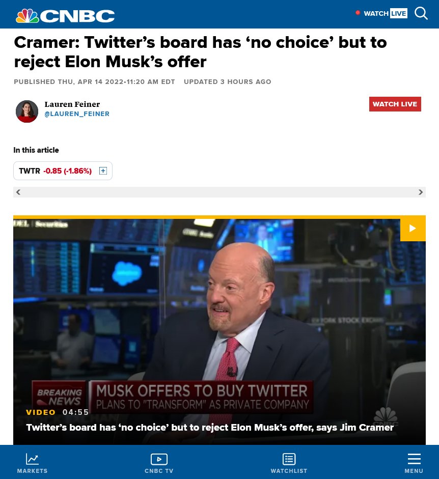 TimedNews.com on Twitter: "【CNBC财经主持称推特“别无选择” 只能拒绝马斯克收购】 4月14日，据CNBC报道，据CNBC的财经主持人吉姆·克莱默(Jim ...