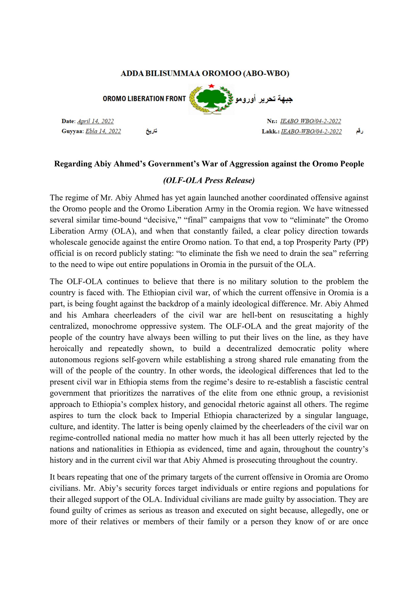 Oromo Legacy Leadership And Advocacy Association On Twitter The Olf Ola