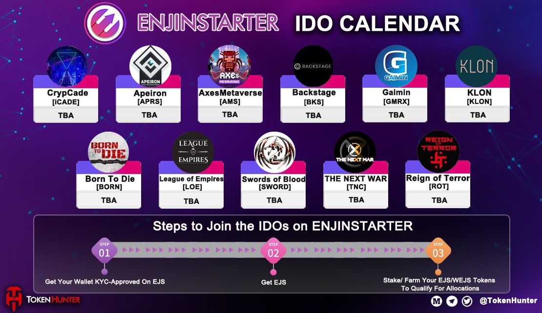 TokenHunter on Twitter: "🎆@enjinstarter IDO Calendar 🕹TBA - @CrypCade , @ApeironNFT ...