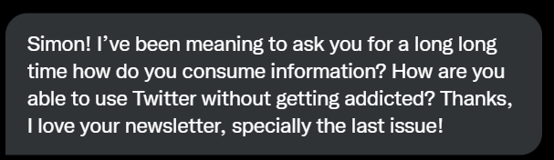 Simon Sarris on Twitter: "I read Twitter and Hacker News. I try not to use twitter during the ...
