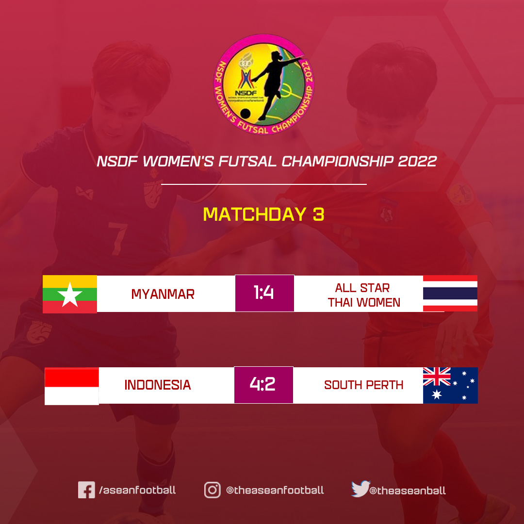 ASEAN FOOTBALL on Twitter: "NSDF WOMEN'S FUTSAL CHAMPIONSHIP 2022 | Matchday 3 FT: Indonesia 🇮🇩 ...