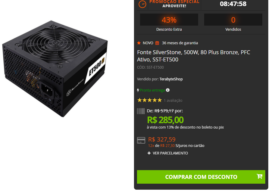 Terabyte on Twitter: "OFERTA! 🚨 Fonte SilverStone, 500W, 80 Plus Bronze, PFC Ativo, SST-ET500 ...