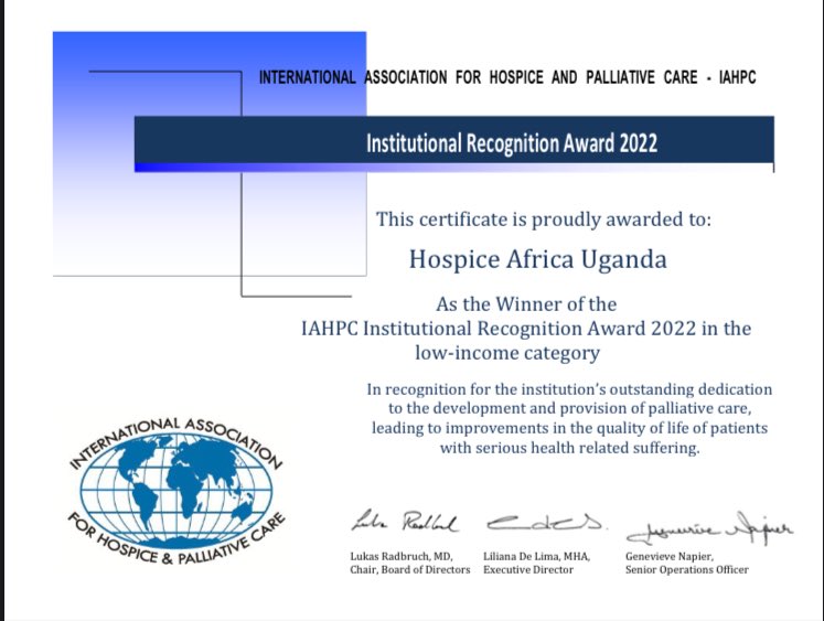 Hospice Africa Ug on Twitter: "We have been selected as winner of the @IAHPC 2022 Institutional ...