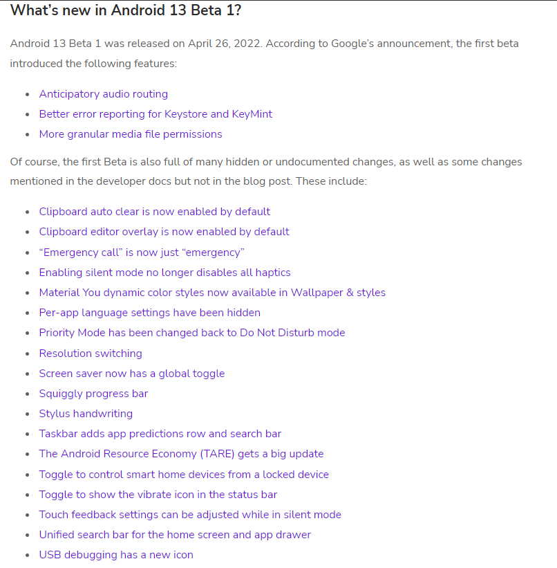 Mishaal Rahman on Twitter: "Looking for a changelog of what's new specifically in Android 13 ...