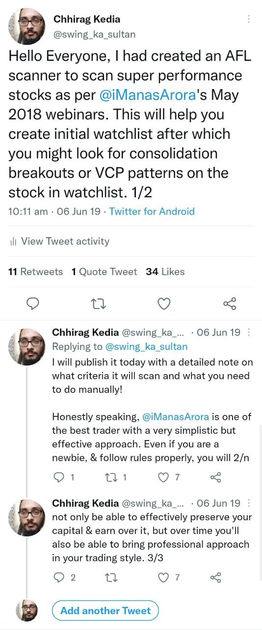 Chhirag Kedia on Twitter: "the scanner I made on Mark Minervini's trend template and mentioned ...