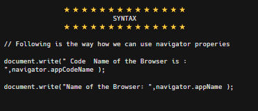⚡ Javascript Navigators ⚡ ⭐ They are used to get browser's information ...