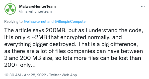 MalwareHunterTeam on Twitter: "Seen different people claiming different sizes are encrypted/safe ...