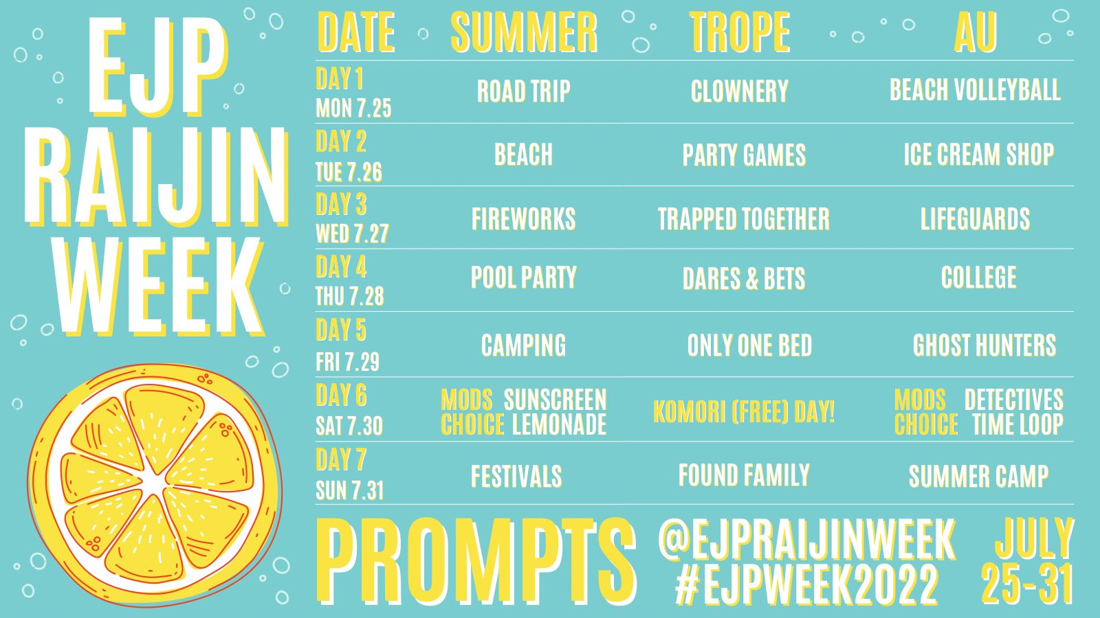 EJP WEEK 2022 ☀️ prompts may 1st on Twitter: "⚡️ EJP RAIJIN WEEK PROMPTS REVEAL!! ⚡️ ☀️ QRT with ...