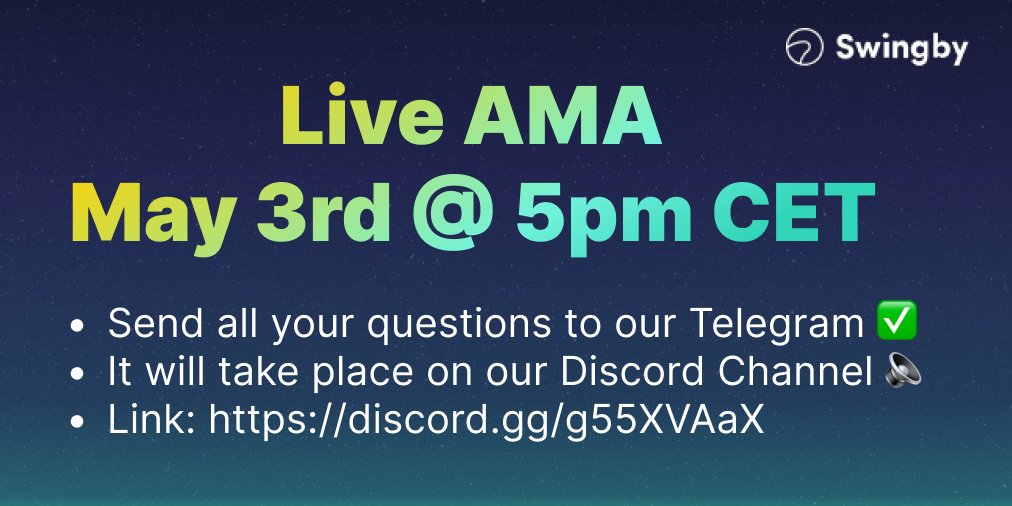 Swingby on Twitter: "LIVE AMA ️ Tuesday May 3rd @ 5pm CET In our Discord channel: https://t.co ...