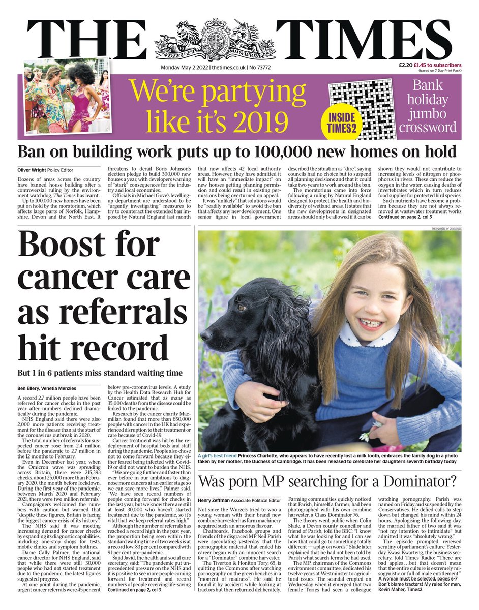 Tomorrows Papers Today على تويتر: "Monday's Times: Boost for cancer care as referrals hit record ...