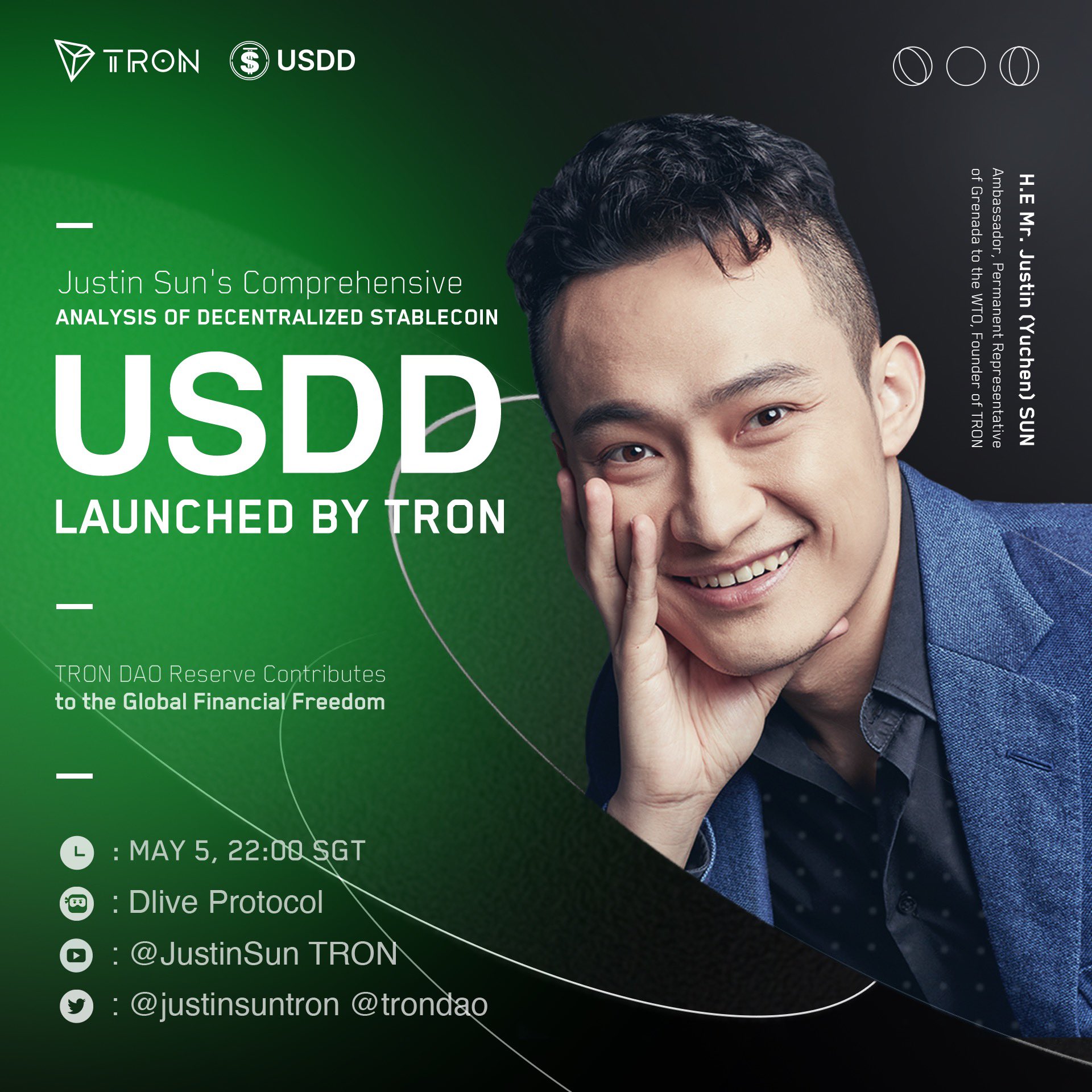 H.E. Justin Sun 🅣🌞🇬🇩 on Twitter: "📢I will have a Livestream on #USDD. Let me take you through ...