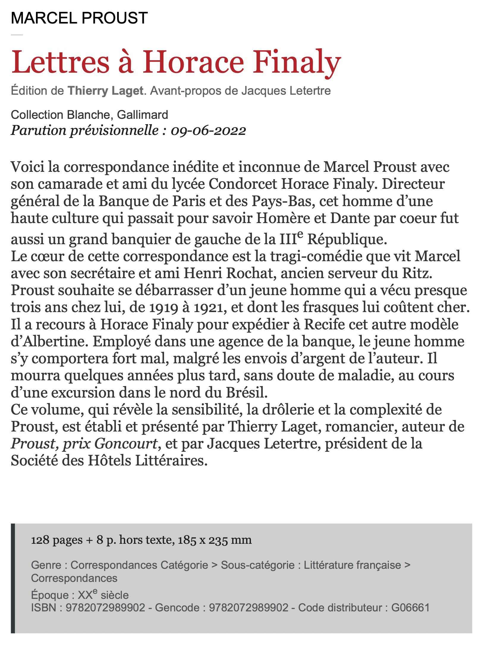 Thierry Laget on Twitter: "Voici la couverture des Lettres de Marcel Proust à Horace Finaly, qui ...