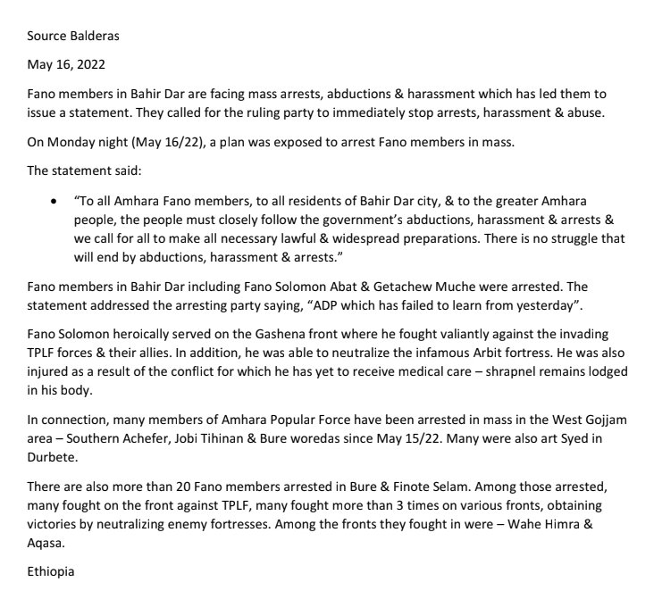 Dej-Azmach|ደጅ-አዝማች 🦁🦅 on Twitter: "May 16/22 - Fano members are facing widespread arrests ...