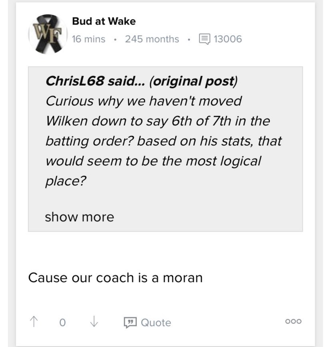 Message Board Geniuses on Twitter: "The #WakeForest baseball coach is a real moran! https://t.co ...