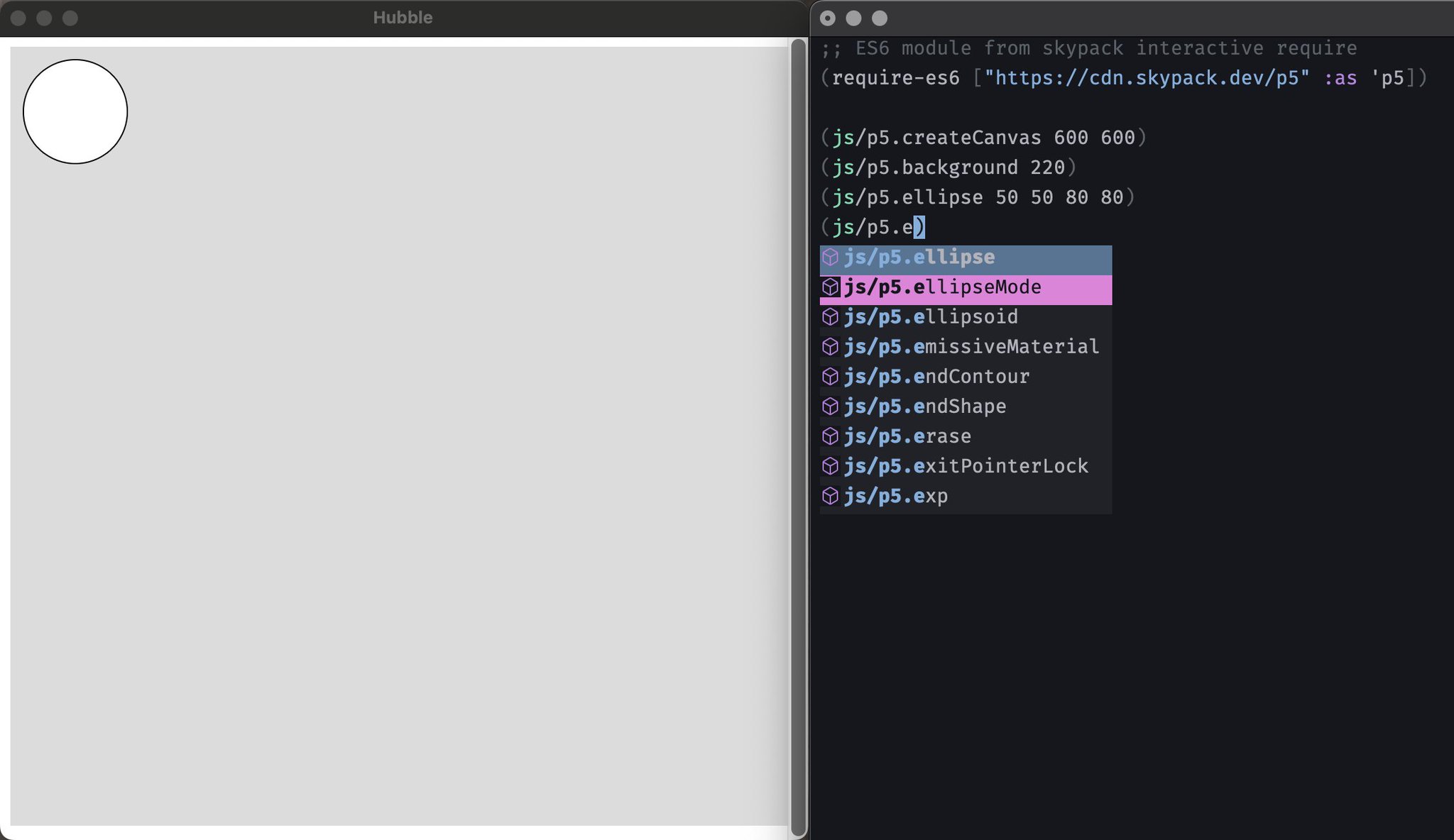 Jack Rusher on Twitter: "Interactively requiring the ES6 module for P5.js from Skypack, then ...