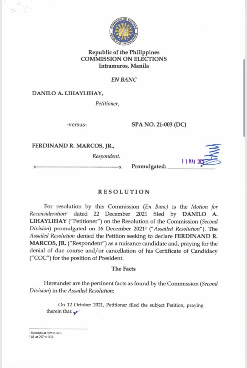 ONE News PH on Twitter: "The COMELEC en banc denies the motion for reconsideration filed by ...