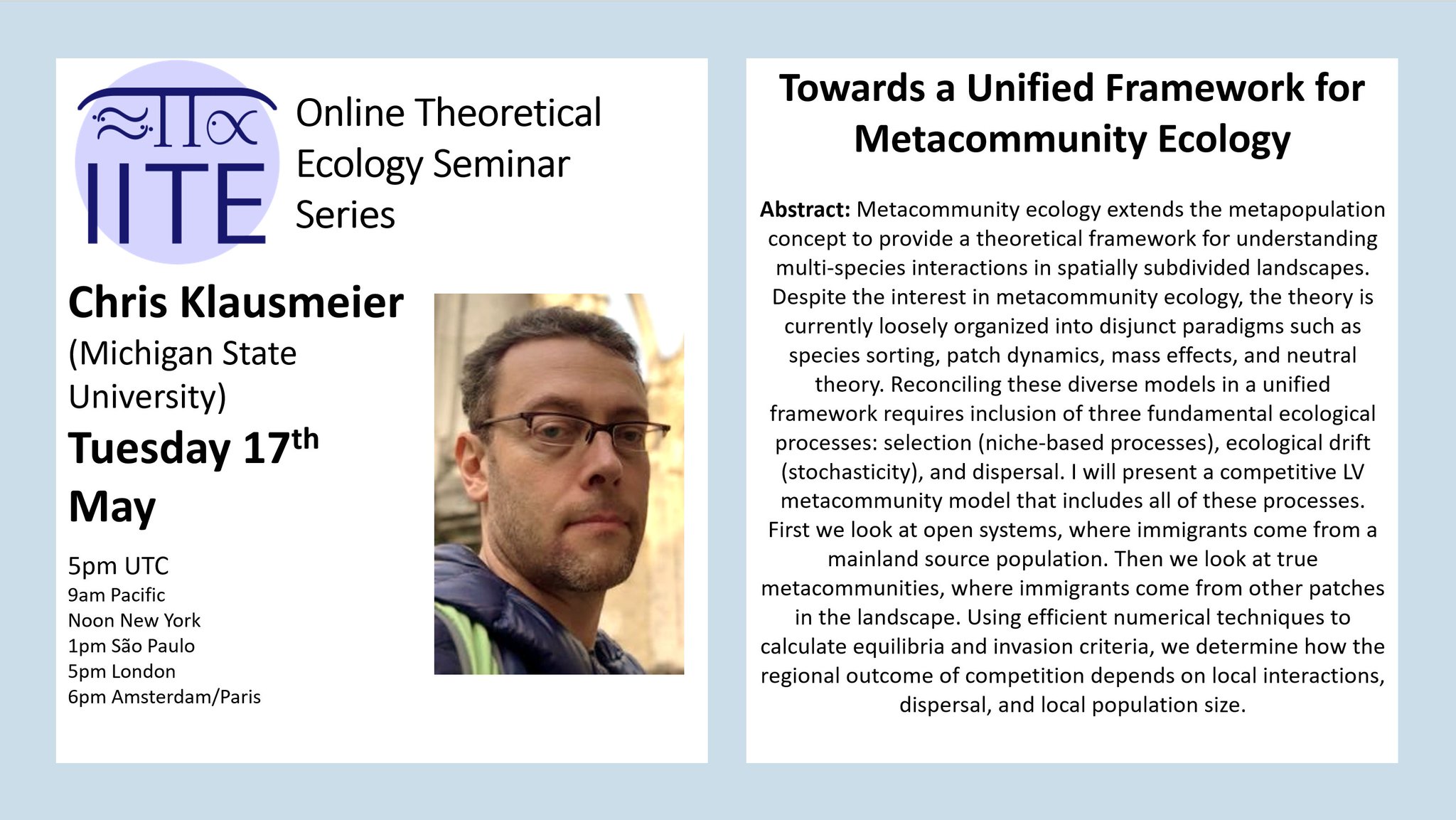 International Initiative for Theoretical Ecology on Twitter: "📢Next Tuesday our speaker will be ...