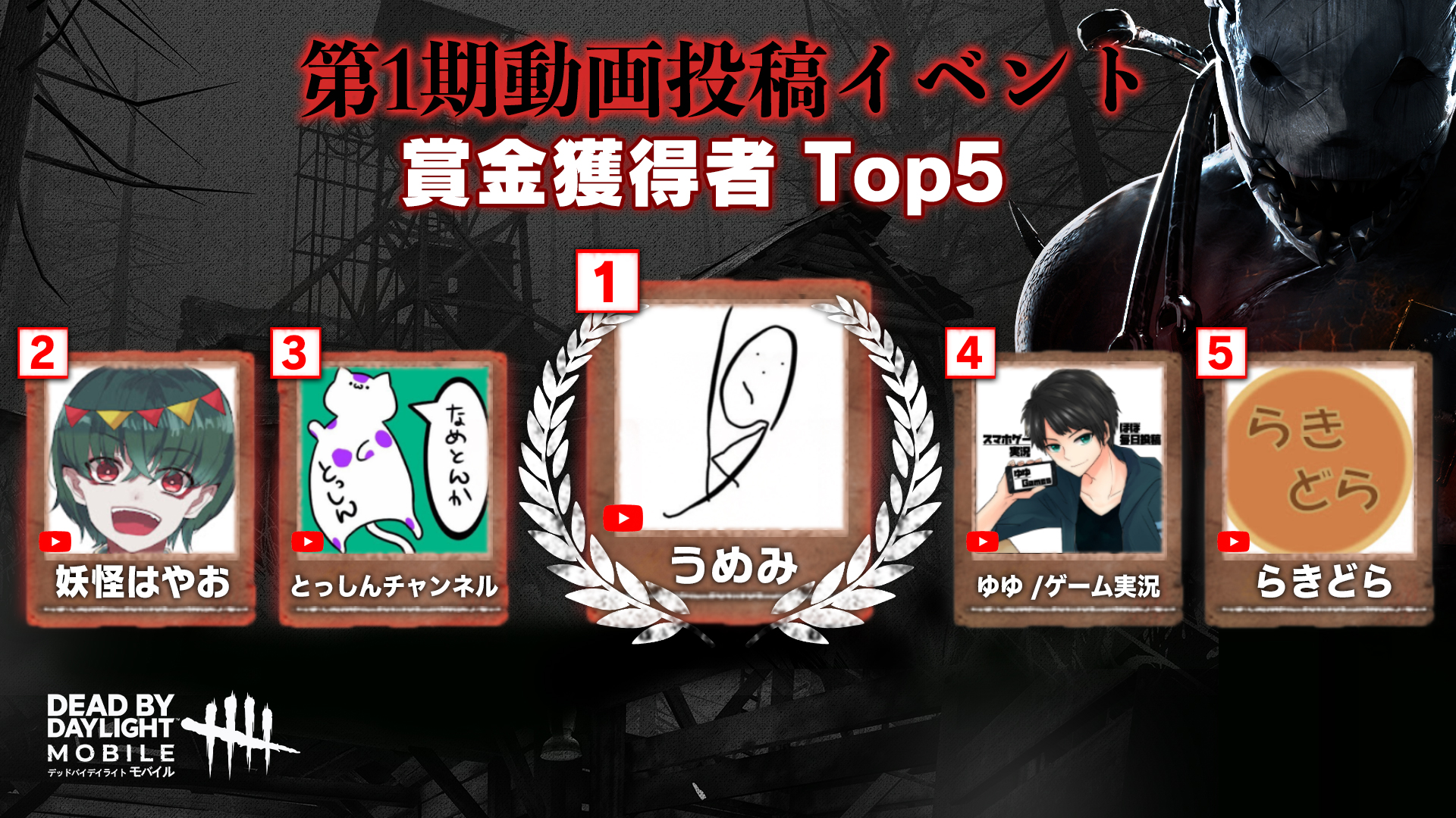 【公式】Dead by Daylight Mobile - NetEase on Twitter: " 第1期 動画投稿イベント 結果発表！TOP5はこちら！ おめでとうございます！🎉 受賞者 ...
