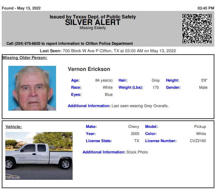 Texas Alerts On Twitter Discontinued Silver Alert For Vernon Erickson
