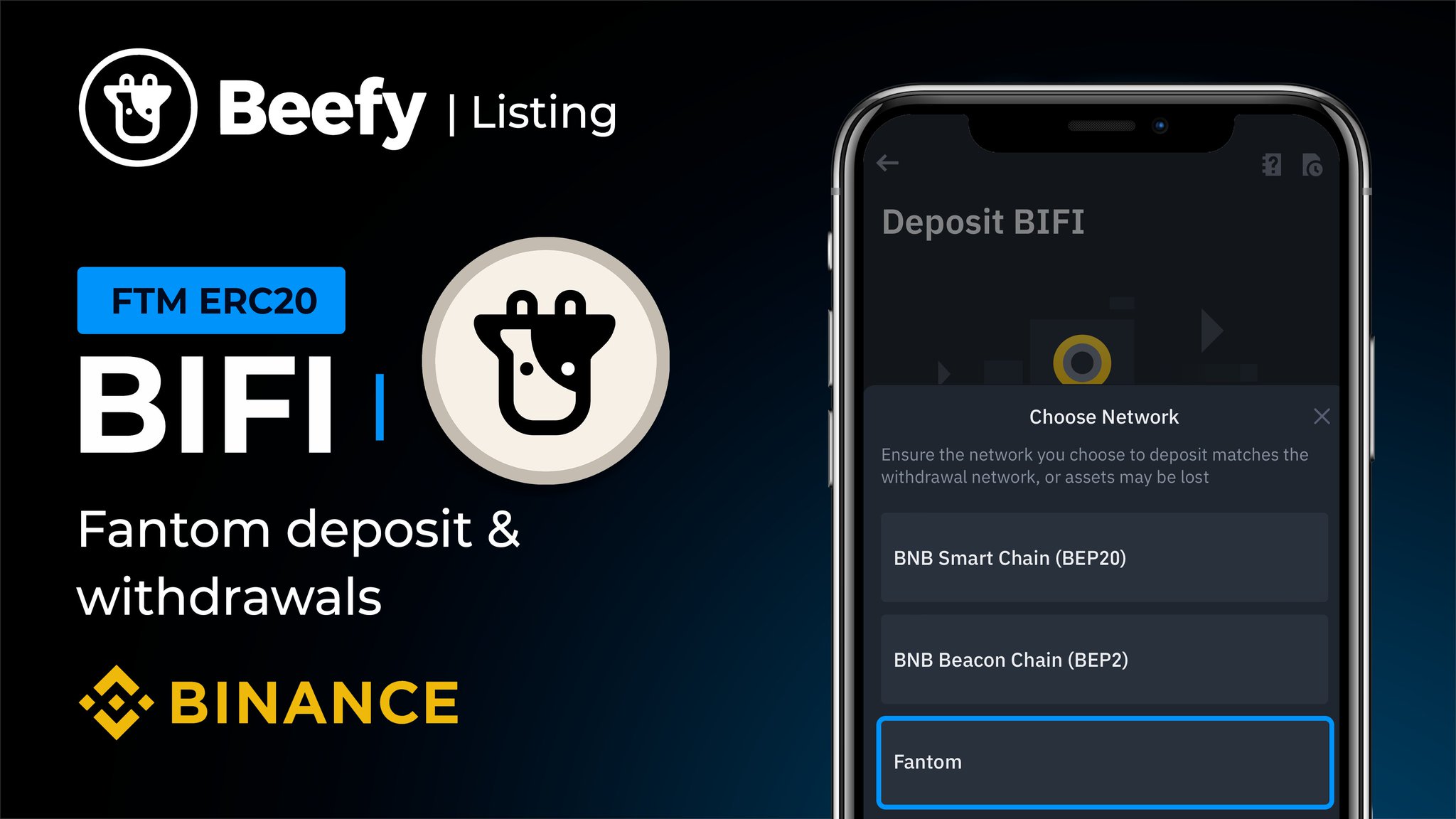 Beefy on Twitter: "Check it yo! 🐮 $BIFI can now be deposited from #Fantom on @Binance. Woot Woot ...
