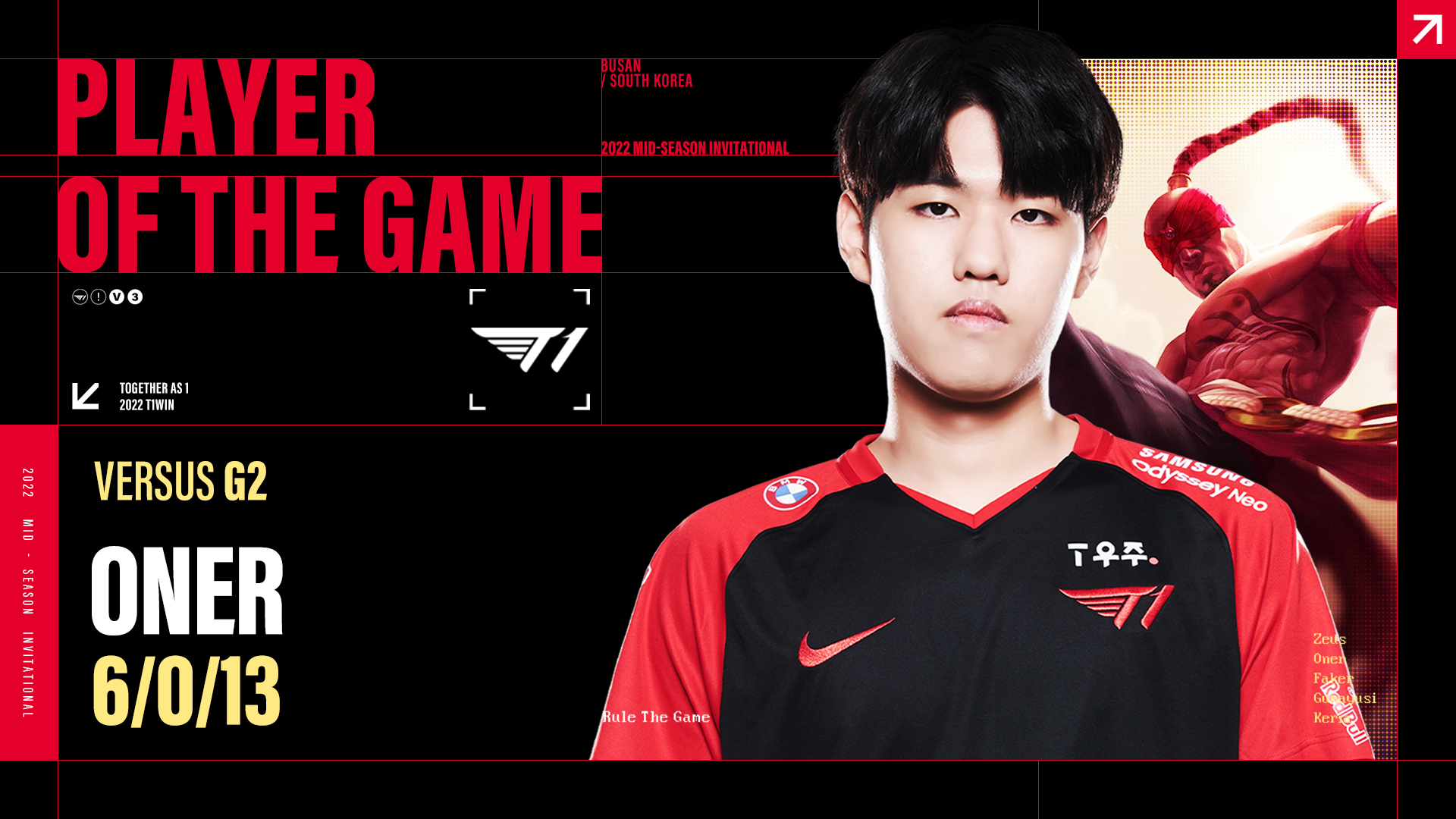 T1 LoL on Twitter: "[#MSI 2022 Knockout Stage vs. G2] 엄청난 스킬 적중률! ‘Oner’ 문현준 선수가 마지막 POG로 선정되며 ...