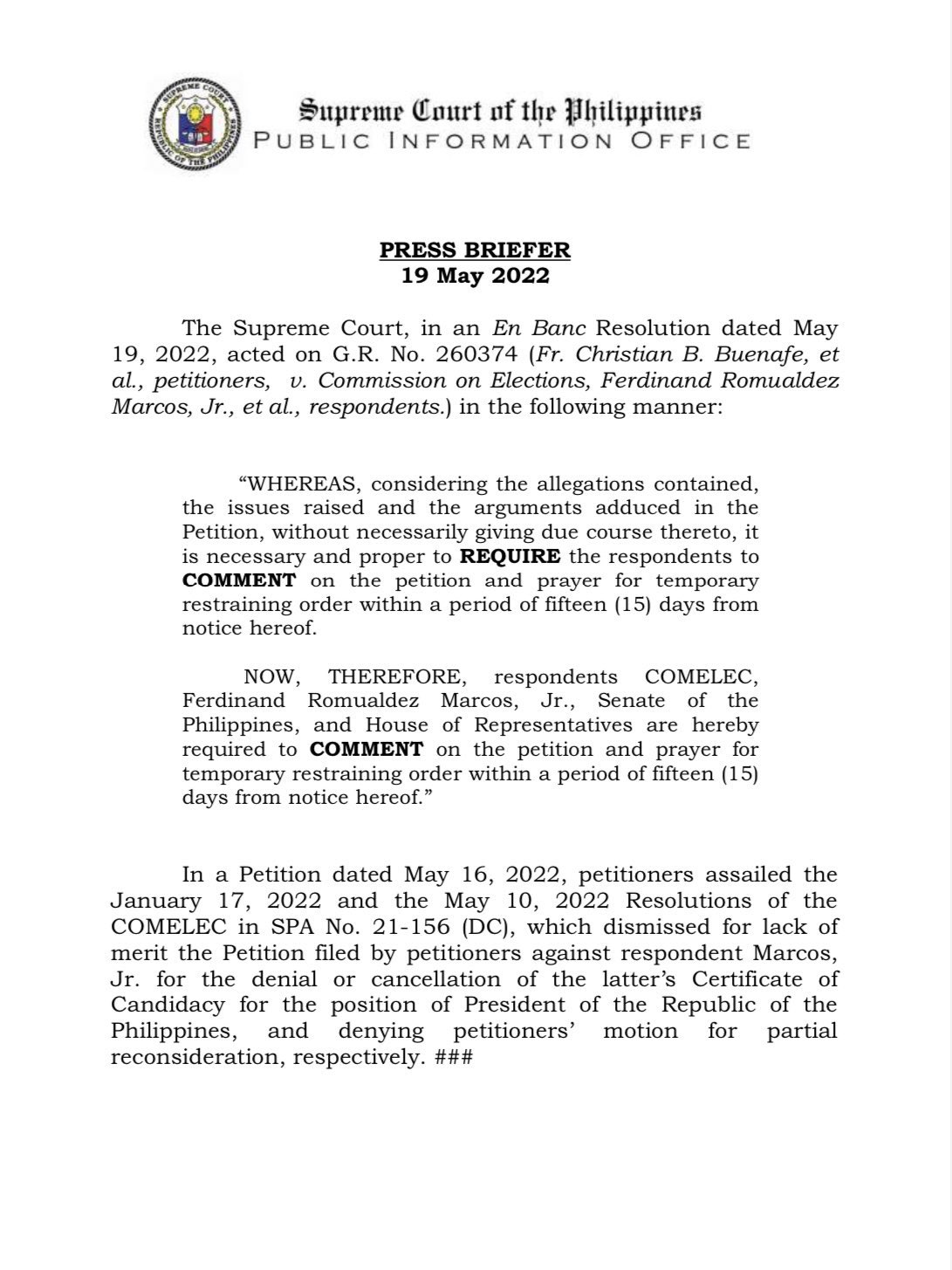 Lian Buan on Twitter: "JUST IN: Supreme Court, which is supposedly on a writing break, issues ...