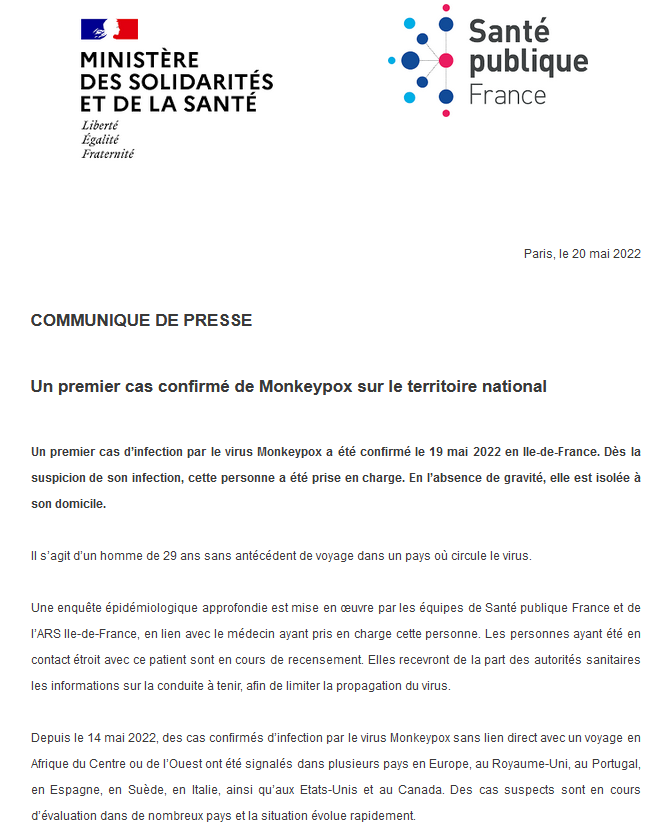 Nicolas Berrod on Twitter: "C'est confirmé : un premier cas de variole du singe a été recensé en ...