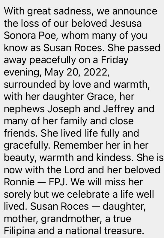 Rappler on Twitter: "JUST IN: Senator Grace Poe confirms the passing of her mother Susan Roces ...