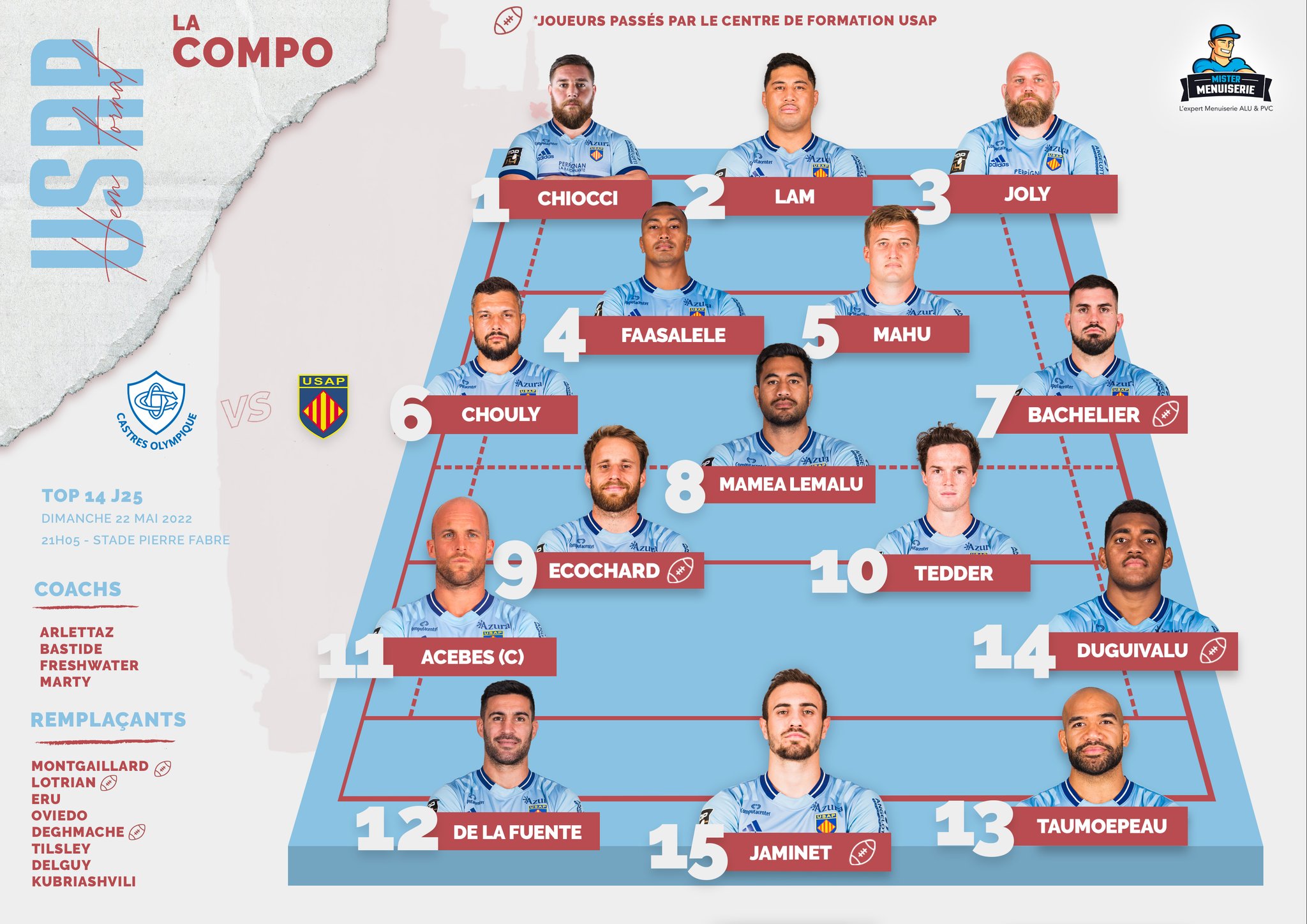 USAP on Twitter: " 𝕃𝕒 𝕔𝕠𝕞𝕡𝕠 Voici le XV de départ pour affronter @CastresRugby pour la J25 de ...