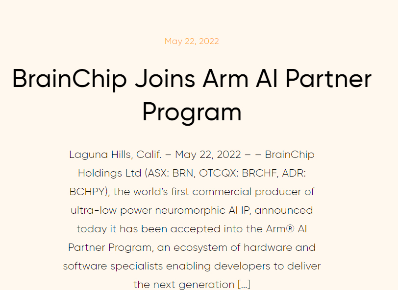 BrainChip on Twitter: "BrainChip Joins Arm AI Partner Program- “It’s valuable for BrainChip to ...