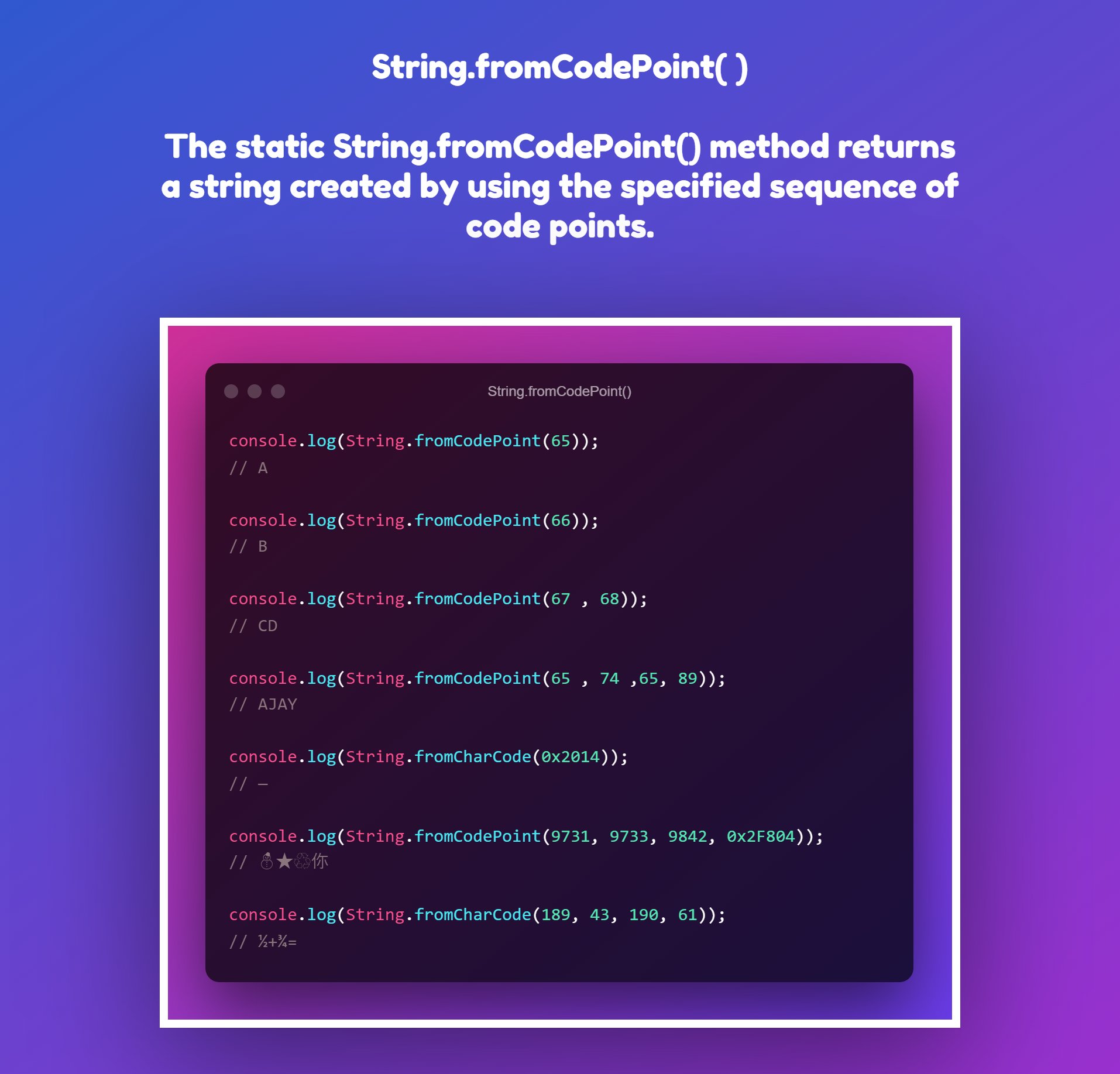 Mohammed Junaid 🎯 on Twitter: "RT @CodeMarch: JavaScript Tip😎 String.fromCodePoint(): https://t ...