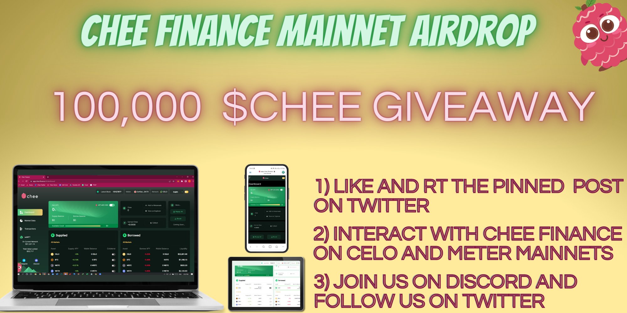 Chee Finance on Twitter: "Chee Finance #Airdrop Event 🎉🎉 * 100,000 $CHEE tokens #giveaway * 🔹 ...
