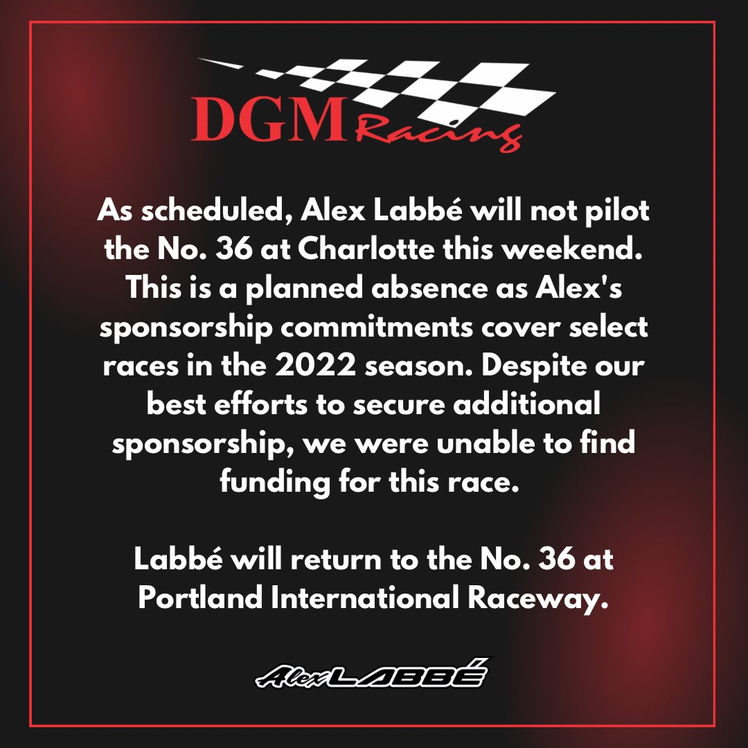 DGM Racing on Twitter: Labbe out, Smithley in at Charlotte this weekend ...