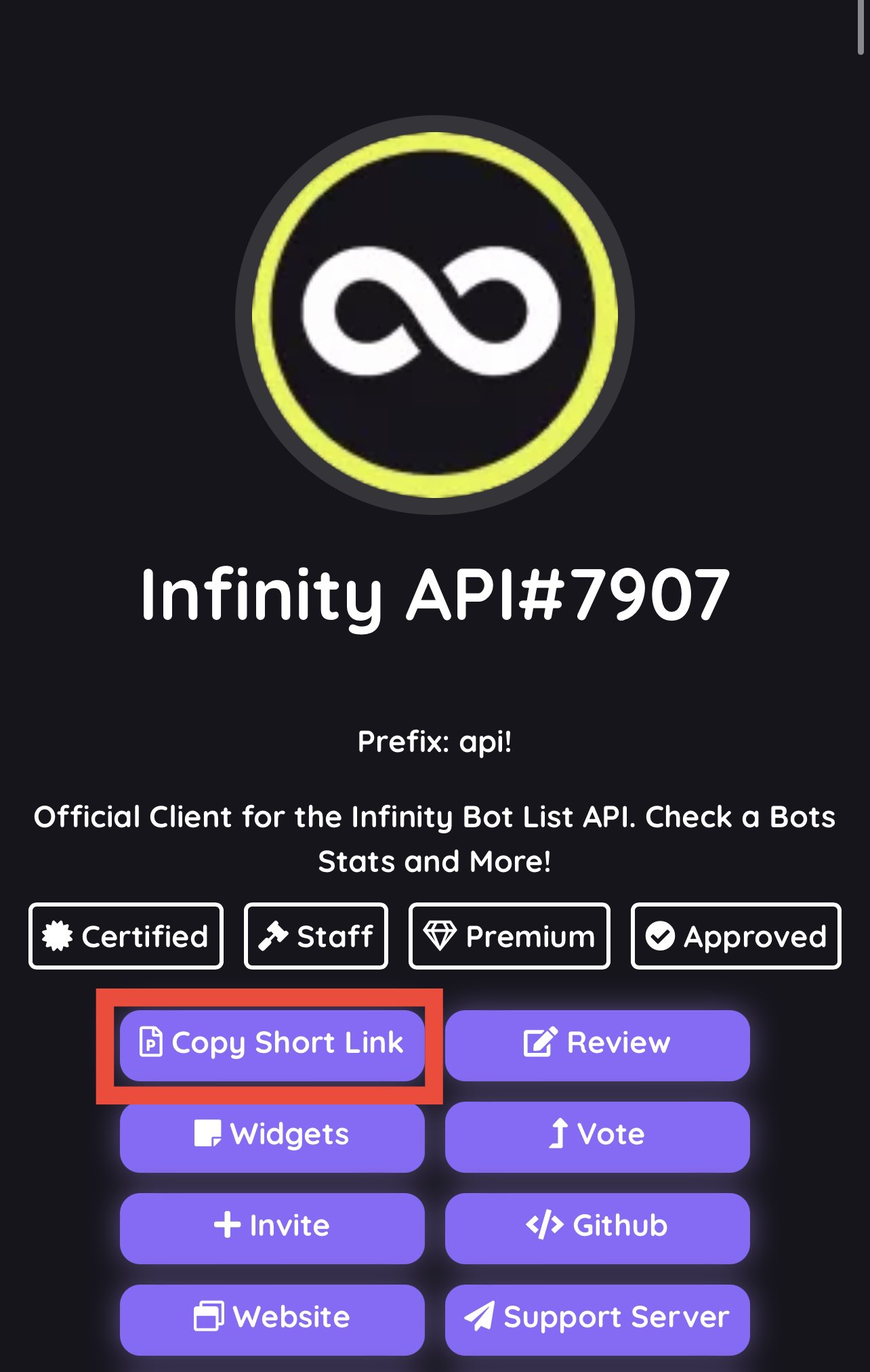 Infinity Bots on Twitter: "You can also find a button to copy this short link on any bot page ...