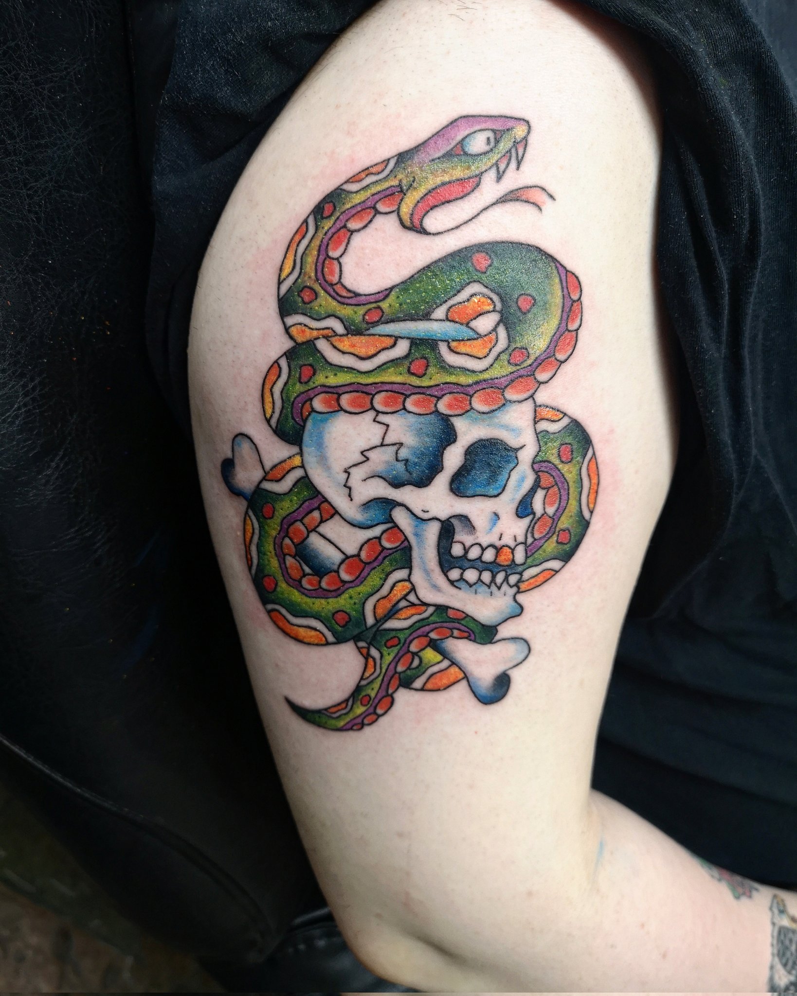 Traditional Snake And Skull Tattoo
