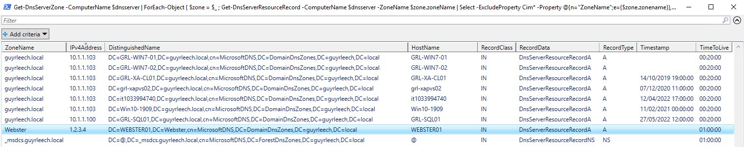 Guy Leech on Twitter: "#PowerShell 1 liner using the DnsServer module to get all DNS records in ...