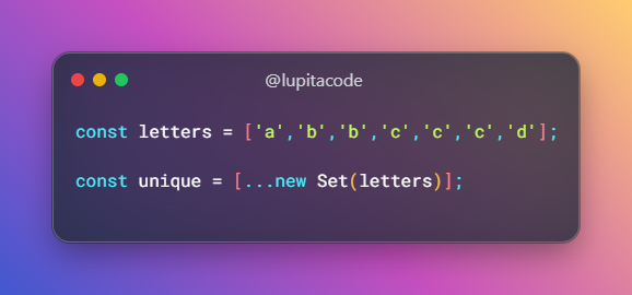 Lupita Code 🎡 on Twitter: "👉 Eliminar los elementos duplicados de un arreglo usando new Set ...