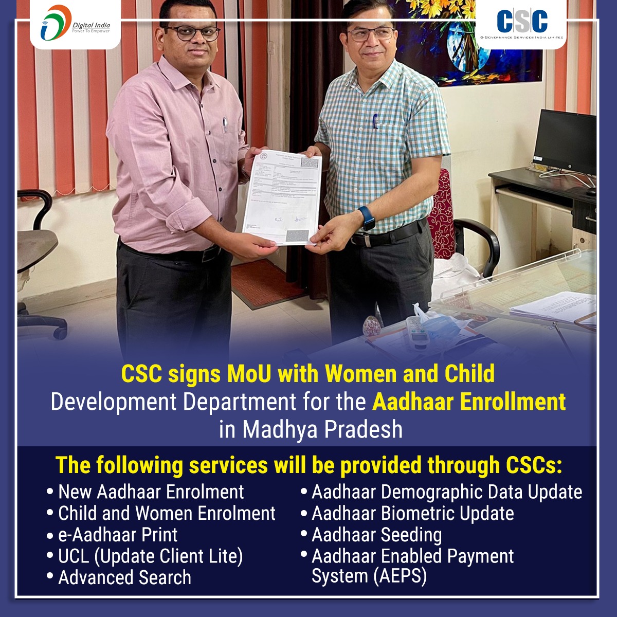 CSCeGov on Twitter: "CSC signs MoU with Women & Child Development Department for the #Aadhaar ...