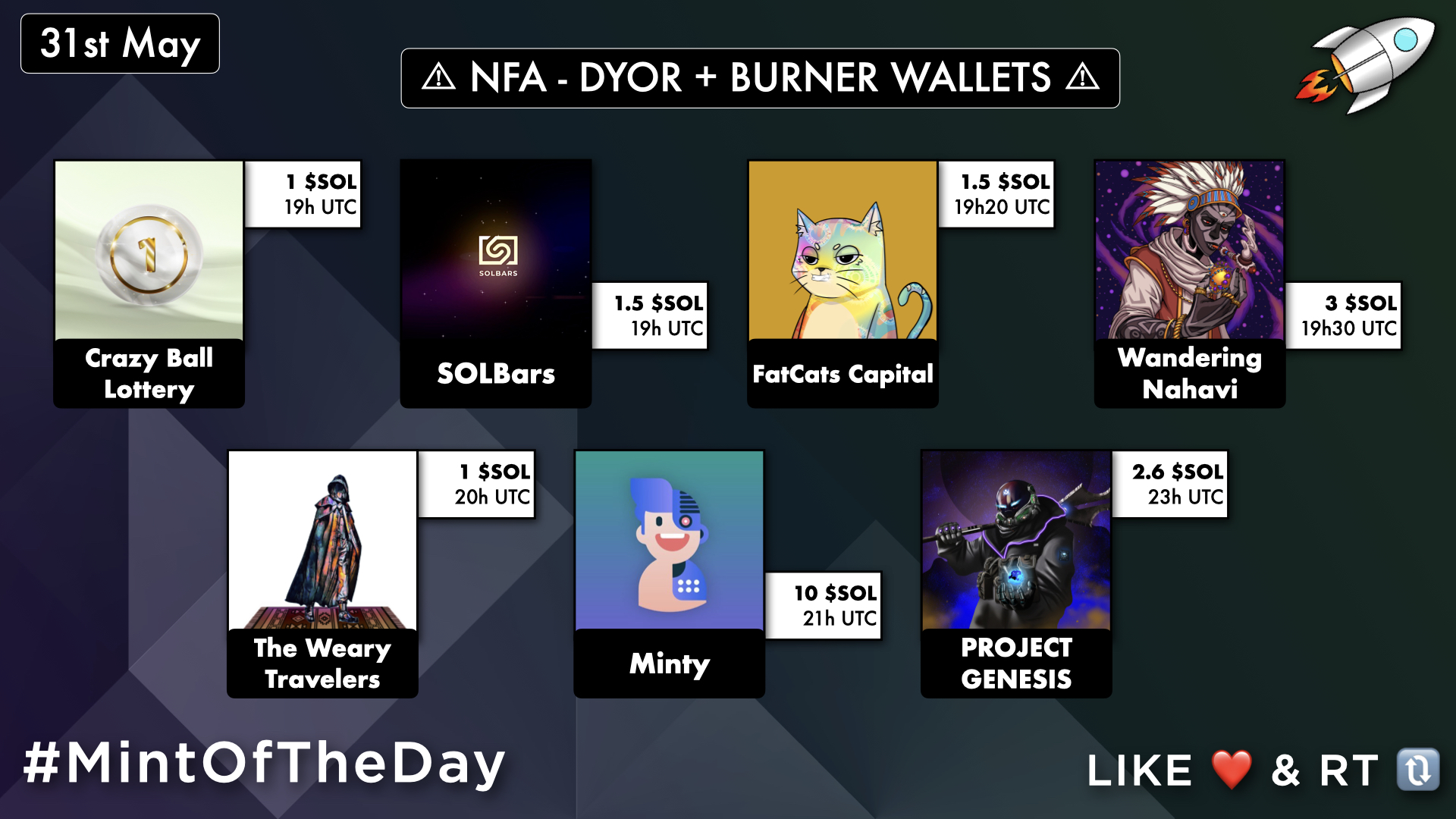 Nic0 | MⓨTD on Twitter: "🔥 Today's #SolanaNFT Mints 🔥 19UTC・@crazy_lottery・1 $SOL 19UTC・@SOLBars ...